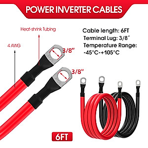 4 AWG Battery Cable 4AWG Gauge Pure Copper Battery Inverter Cables with 3/8 in Lugs Both Ends Power Inverter Wire Set for Automotive Solar Marine Boat RV Car Motorcycle Red and Black (6ft)