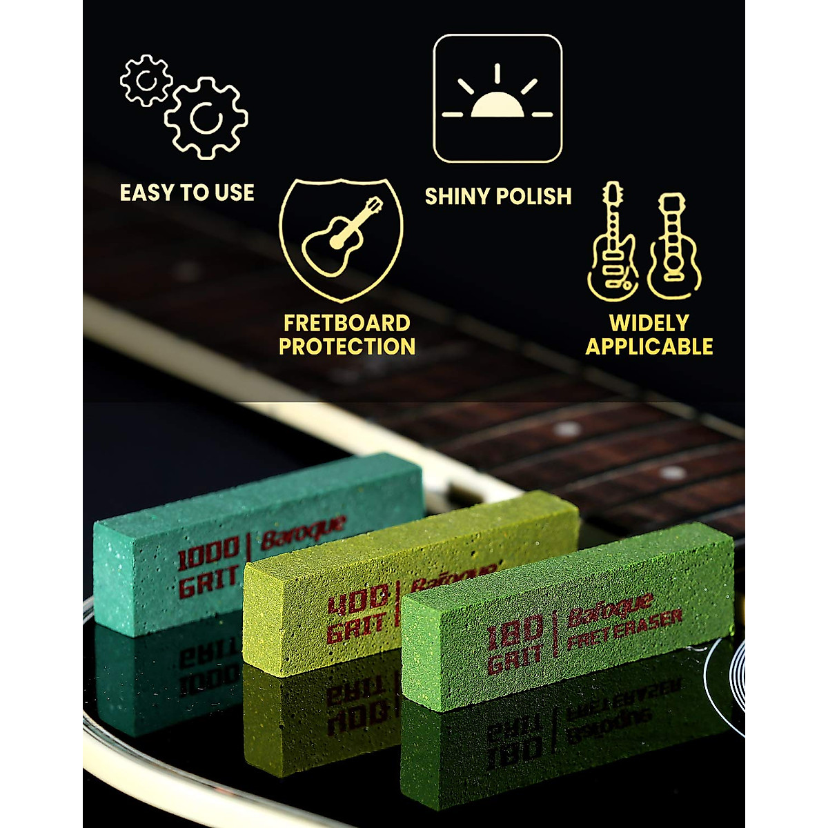 Baroque Fret Erasers for Guitar, Fret Polishing Cleaner, Frets Polish Tools Kit, Clean Fret Wire/String/Metal, Set of 3 (180& 400& 1000 Grit)