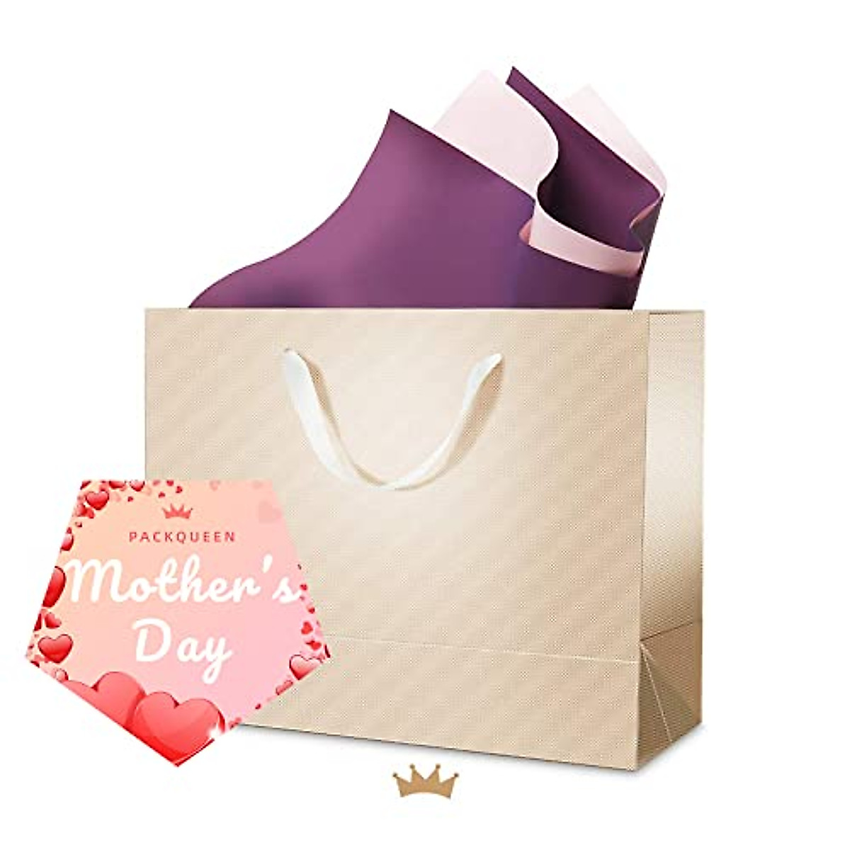 PACKQUEEN 12 Large Gift Bags 13x5x10 Inches, Glossy Champagne Gold Gift Bags Bulk, Extra Large Gift Bags with Handles for All Occasions (Glossy Champagne Gold with Grain Texture)
