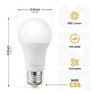 TREATLIFE Smart Light Bulbs, WiFi LED Light Bulb, Dimmable Smart Bulb Works with Alexa, Google Home, SmartThings, Warm White& Cool White(2700K-6500K), 2.4Ghz, 800LM, E26, A19, 9W, No Hub Required