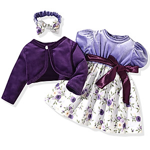fioukiay 3-6 Months Baby Girls Dress and Velvet Cardigan Sets Infant Girls Casual Floral Print Fall Dresses Winter with Headband