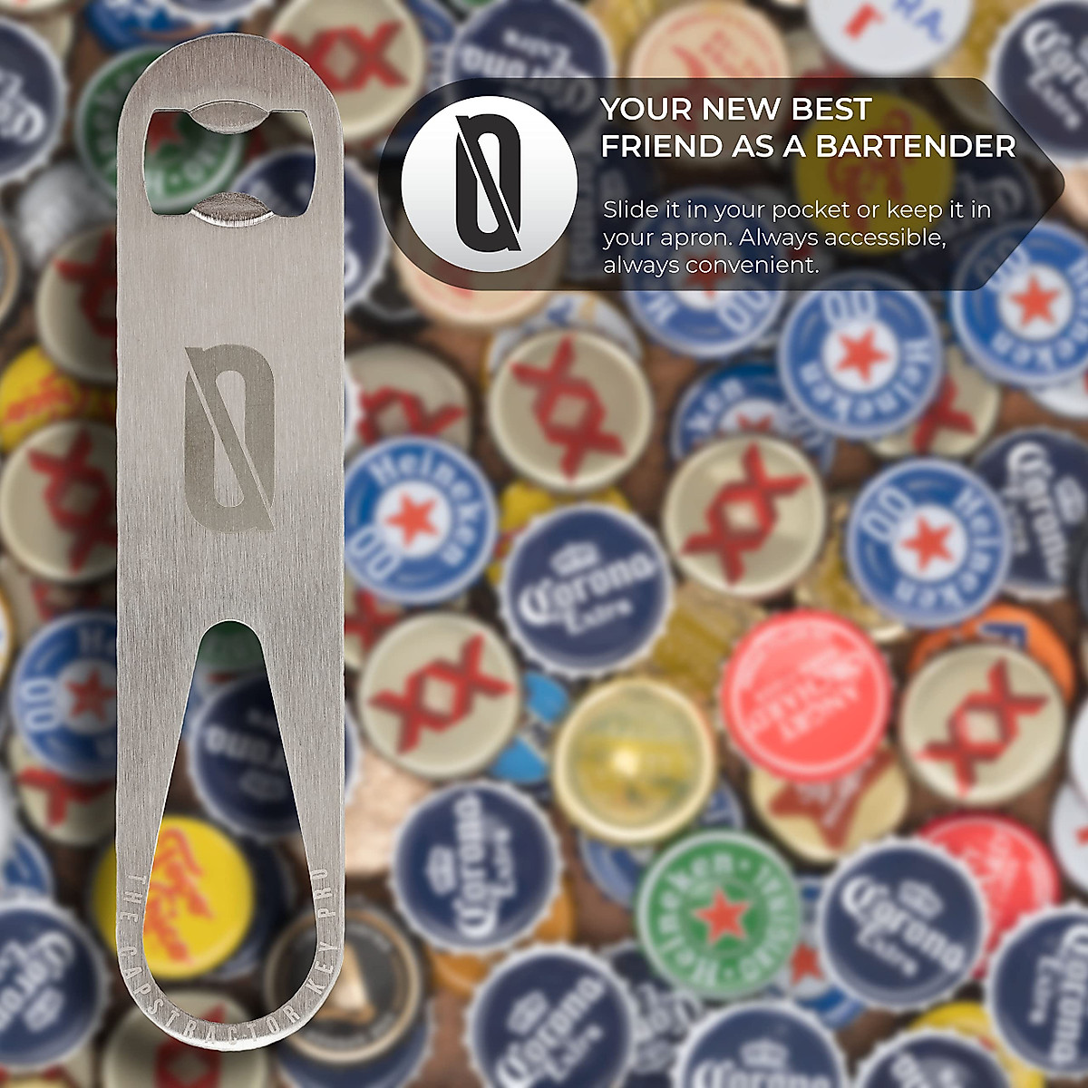 BAR NONE The Capstractor Key Pro | Bottle Cap Opener Bar Key Beer Speed Bartender Church Key, Stainless
