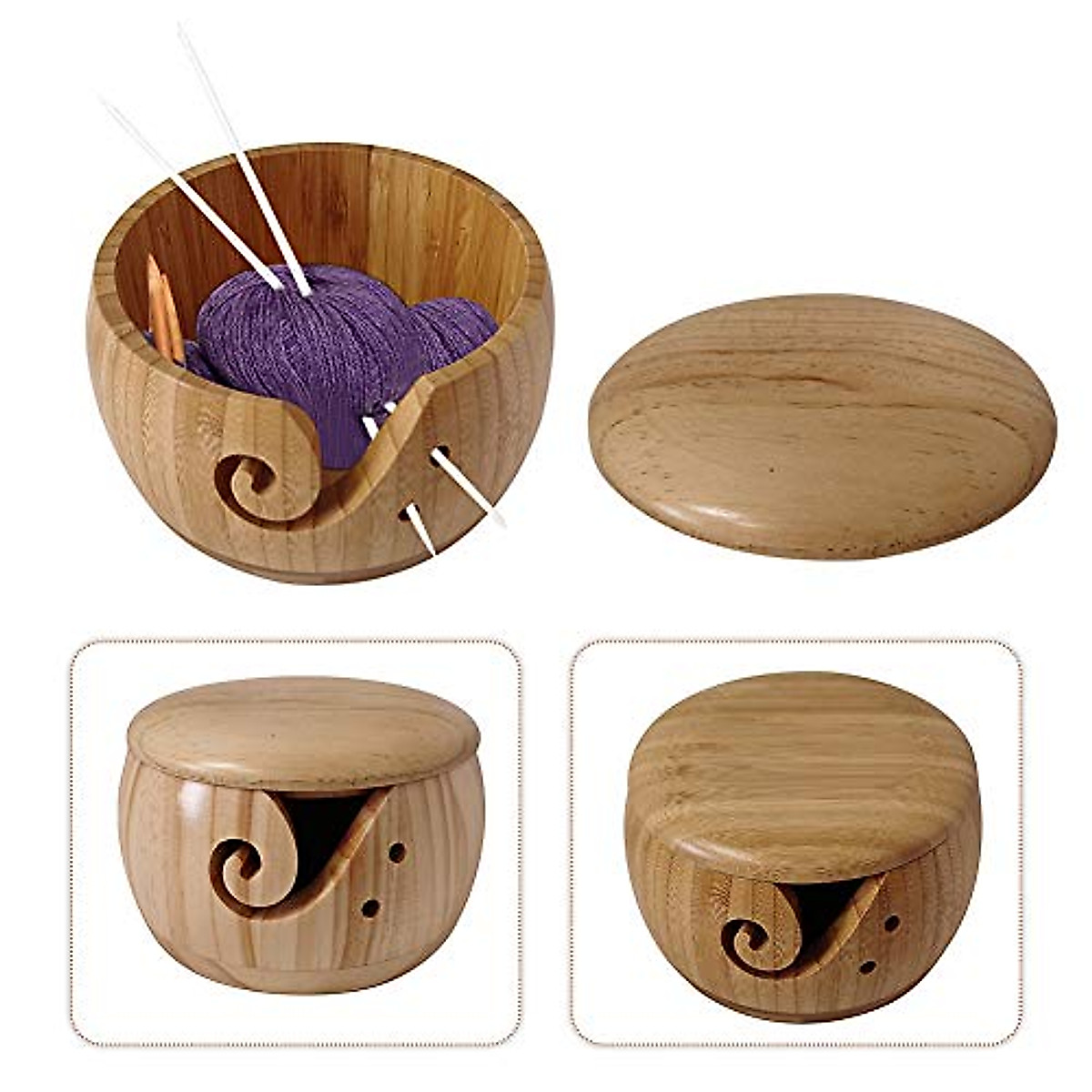 SYCOOVEN with Lid Yarn Storage Wooden Yarn Bowl Organizer, Knitting Wool Storage Basket Round with Holes, Handmade Craft Crochet Kit Organizer Perfect for Mother's Gift(Bamboo)