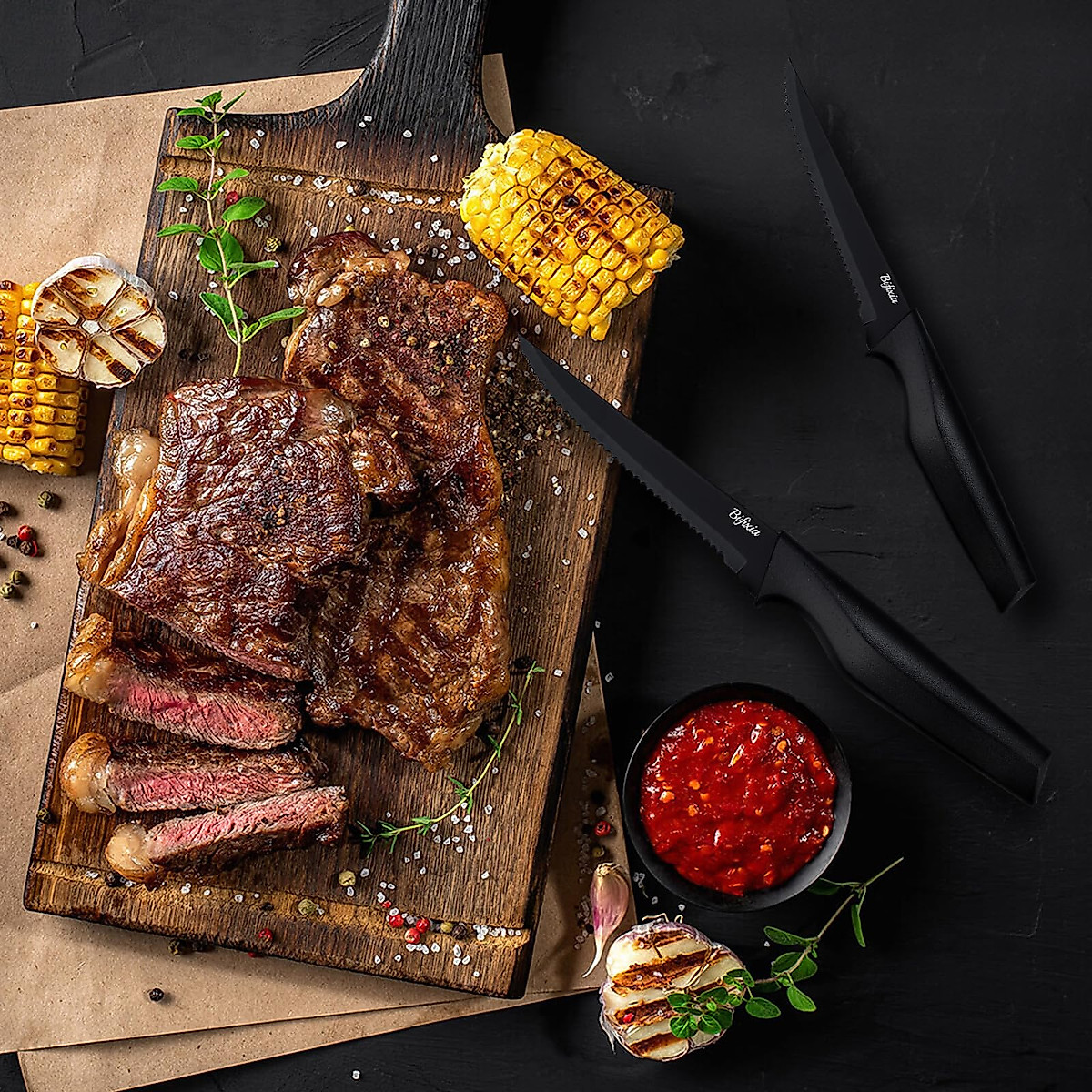 Knife Sets for Kitchen with Block, Bifixia 15 Pcs Knife Block Set with Built-in Sharpener, Dishwasher Safe, Anti-slip Handle, Knife Set with 6 Pcs Bonus Forks, Bronze Black