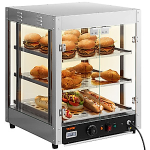 VEVOR 3-Tier Food Display Warmer, 800W, with Multidirectional Heating, Tri-Color Illumination & Bottom Fan. Features Temperature Control, 0.6L Water Tray for Humidity, Durable Stainless Steel & Gla