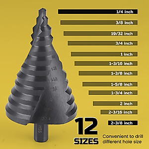 Lichamp Jumbo 2-3/8" Unibit Step Drill Bit for Metal, Extra Large Drill Stepper Bit for Hard Metal Heavy Duty, 12 Sizes from 1/4" to 2-3/8", Spiral Grooved, C5BK