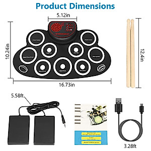 KOCASO Electric Drum Pad Foldable 10-Drum Silicon Drum Kit Dual-Pedal Foldable Electronic Drum Set Machine with Drum 2 Sticks Headphone Jack Speaker for Kids, Beginners