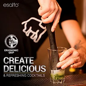 Esatto Professional Bar Tool Muddler 25 CM (10 Inches) Ribbed – Made with ABS Plastic – Durable and Ribbed for Mashing Fruits, Berries, Sugar, Spices, and Herbs (Black)