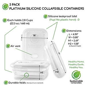 Premium Silicone Collapsible Food Storage Containers with Silicone Leakproof Lids, BPA Free, LFGB Food-Grade Certified, Compact, Reusable Lunch Snack Box, Microwave Safe, 2.8 Cups 3 Pk