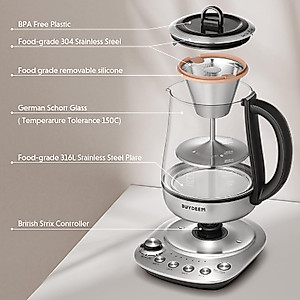 BUYDEEM K176 Tea Maker, Multifunctional Stainless Steel Electric Kettle for Tea and Coffee Brewing, Auto Keep Warm, German Schott Glass, 1.5L