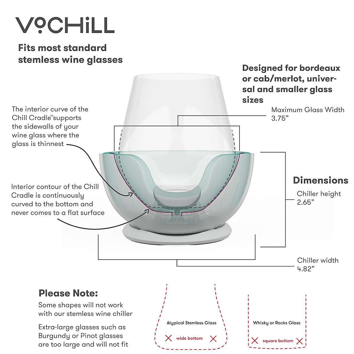 VoChill Stemless Wine Glass Chiller | Keep the Chill In Your Glass | Made in the USA | Separable & Refreezable Chill Cradle | Actively Chills Stemless Glassware | Quartz, Single Stemless