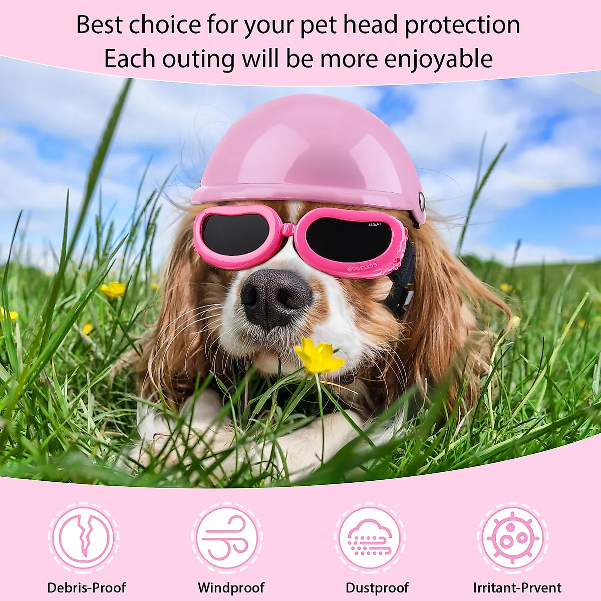 Pet Dog Helmet and Dog Goggles Set 4 Inch Padded Puppy Motorcycle Helmet Sunglasses Safety Cap Hard Hat Adorable Puppy Goggles with Adjustable Belt for Small Pet Riding, S Size(Pink)