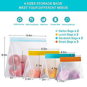 Reusable Food Storage Bags Stand Up, 9 Pack Ziplock Reusable Freezer Bags, Leakproof Storage Gallon Bags, Reusable Silicone Food Bags, Sandwich Bags, Reusable Kids Snack Bags