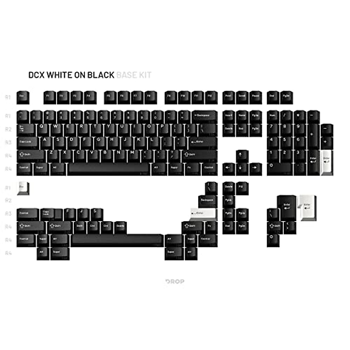 DROP DCX White-on-Black Keycap Set, Doubleshot ABS, Cherry MX Style Keyboard Compatible with 60%, 65%, 75%, TKL, WKL, Full-Size, 1800 layouts and More (White-on-Black)