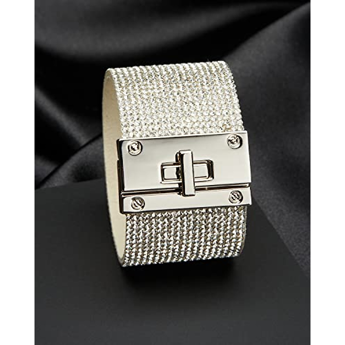 Badgley Mischka Women's Bracelet - Crystal Studded Leatherette Box Clasp Bangle Cuff Wrap Wristband, White