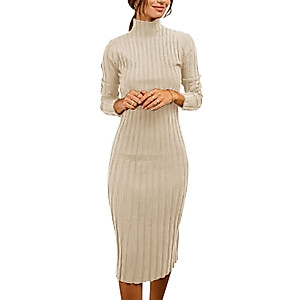 MEROKEETY Women's 2024 Ribbed Long Sleeve Sweater Dress High Neck Slim Fit Knitted Midi Dress,Khaki,M