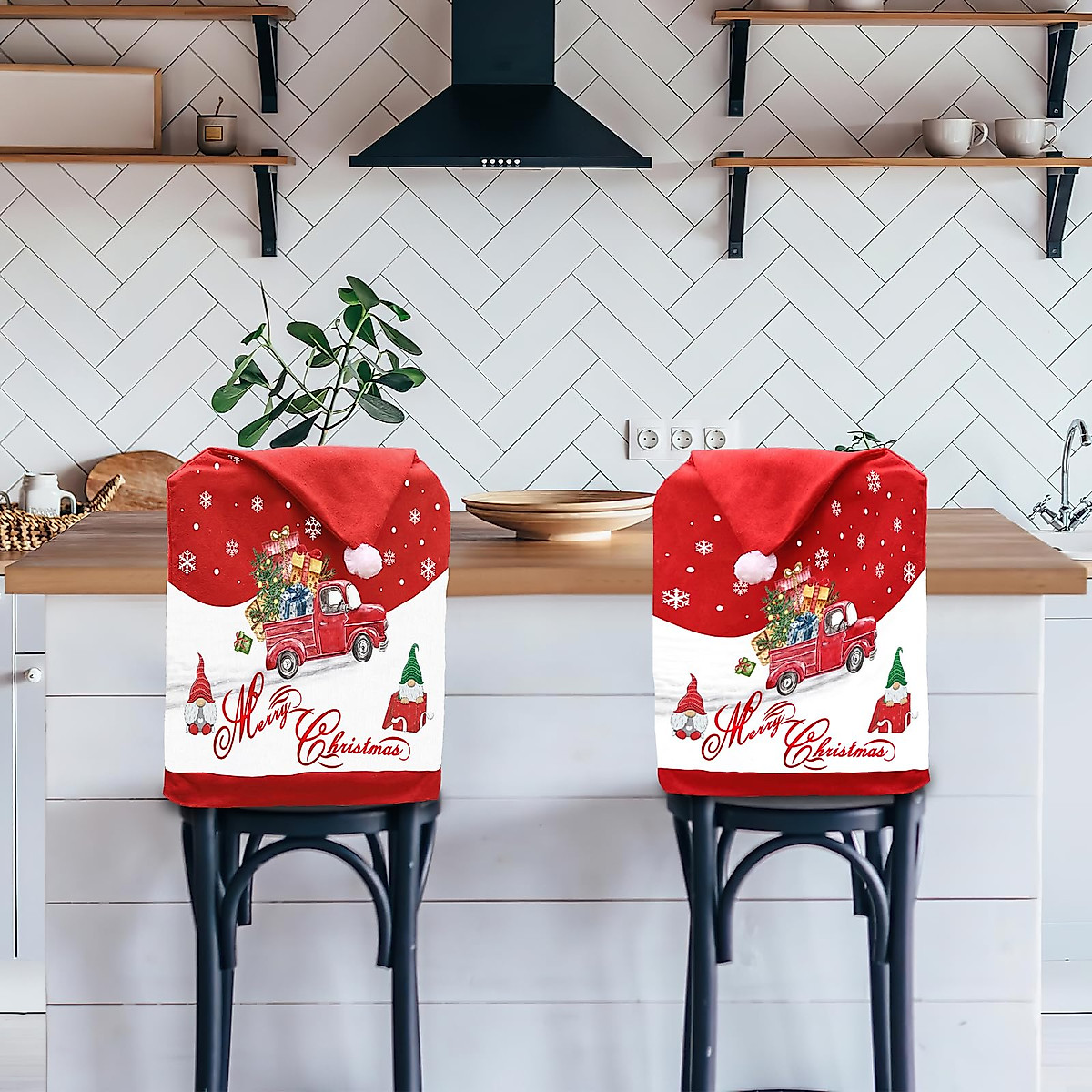 Christmas Chair Covers Set of 4, Christmas Chair Back Covers, Santa Hat Chair Covers, Christmas Decorations Indoor Chair Covers for Dining Room, Christmas Kitchen Decor Dining Room Chair Covers