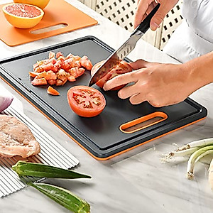 Linoroso Kitchen Cutting Board Set of 3, Dishwasher Safe Cutting Boards with Defrosting Tray and Fruits Board, Non-Slip Rubber Chopping Board Set with Juice Grooves - Lava Orange