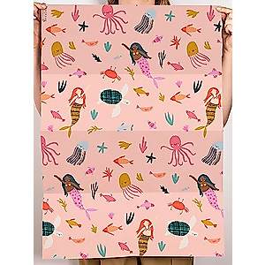 CENTRAL 23 Mermaid Wrapping Paper - 6 Sheets of Pink Gift Wrap - For Kids Baby Girl - Summer Themed - Ocean Creatures - For Birthday or Baby Shower - Recyclable