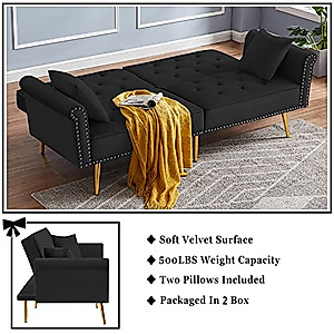 Antetek Velvet Futon Sofa Bed Convertible Sleeper Sofa Couch with Two Pillows, Modern Loveseat Sofa with 3 Adjustable Positions and 6 Golden Metal Legs for Living Room and Bedroom, Black