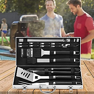 Grilljoy 20PCS BBQ Grill Tools Set - Extra Thick Stainless Steel Fork, Spatula, Tongs& Cleaning Brush - Complete Barbecue Grilling Utensils Set in Aluminum Storage Case - Perfect Grill Gifts for Men