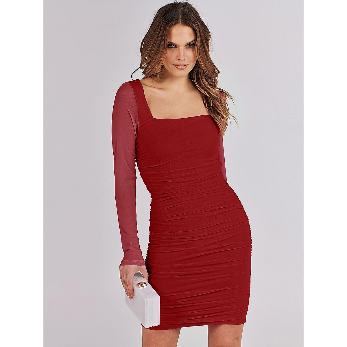 ANRABESS Women's Square Neck Mesh Ruched Bodycon Mini Dress Puff Long Sleeve Sexy Cocktail Party Short Dresses 2024 Large Red