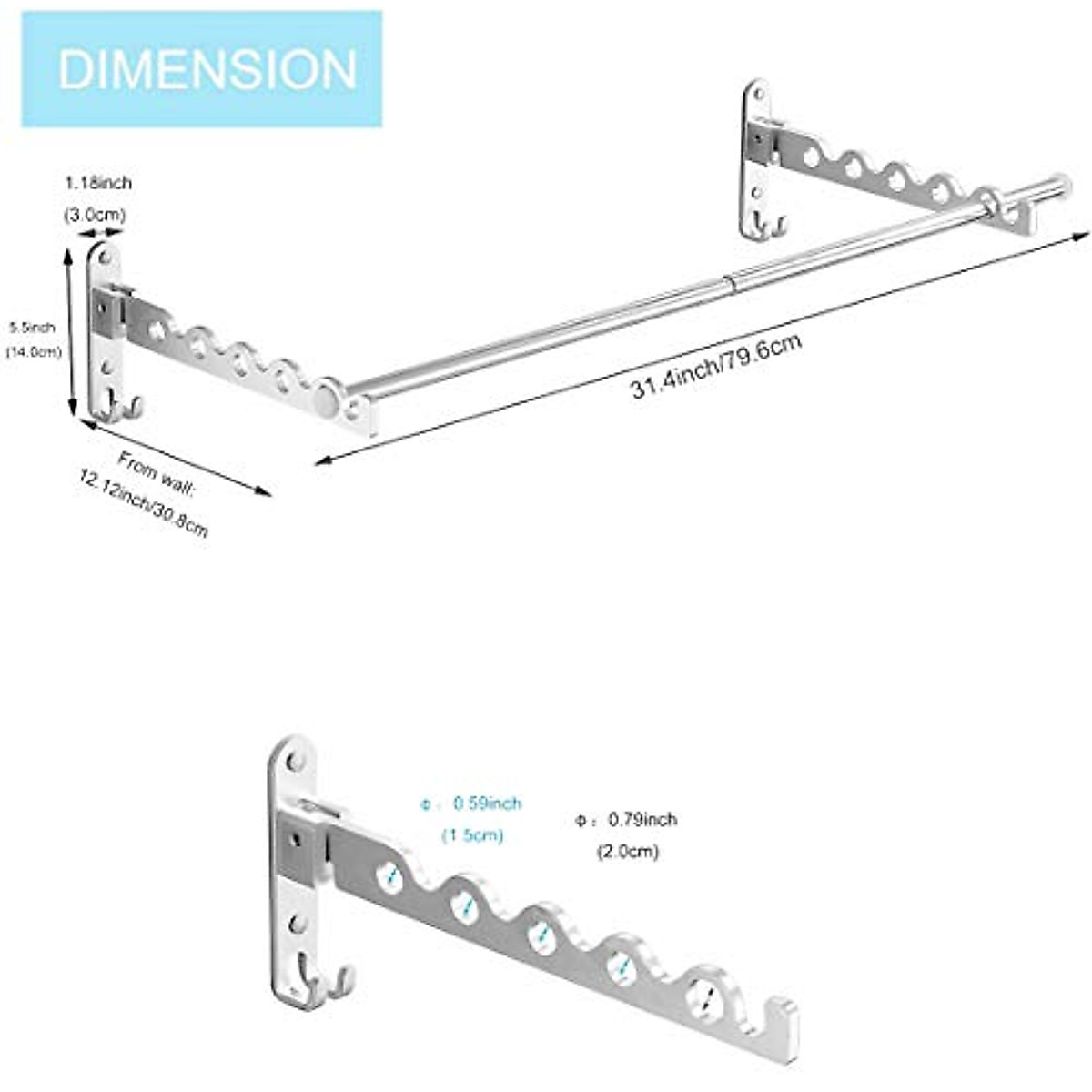 Ubrand Clothes Drying Rack Wall Mount, Folding Garment Drying Rack with Swing Arm Hook Closet Storage Organizer, Space Aluminum Mater, Used for Closet, Balcony, Bathroom (2 Racks and Rod) (Silver)