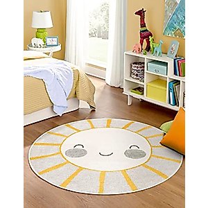 Unique Loom Whimsy Kids Collection Area Rug - Smiling Sunshine (Round 7' 10" x 7' 10", Gray/ Yellow)