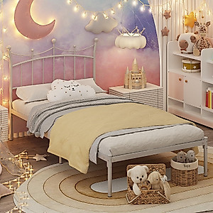 Weehom Twin Bed Frames with Headboard, Elegant Princess Bed for Girls Heavy Duty Metal Platform Bed Easy Assembly Under Bed Storage Space No Box Spring Needed Twin Size Bed for Kids Adults, White