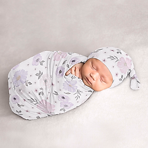 Sweet Jojo Designs Watercolor Floral Baby Girl Cocoon and Beanie Hat 2pc Set Jersey Stretch Knit Sleeping Bag for Infant Newborn Nursery Sleep Wrap Sack - Lavender Purple Pink Grey Shabby Chic Flower