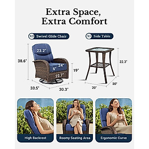 HILLGA Swivel Rocking Patio Chairs Set, 3-Piece Porch Set of 2 Chairs with 6" Thick Cushions & Small Side Table, Basic Vision (Blue)