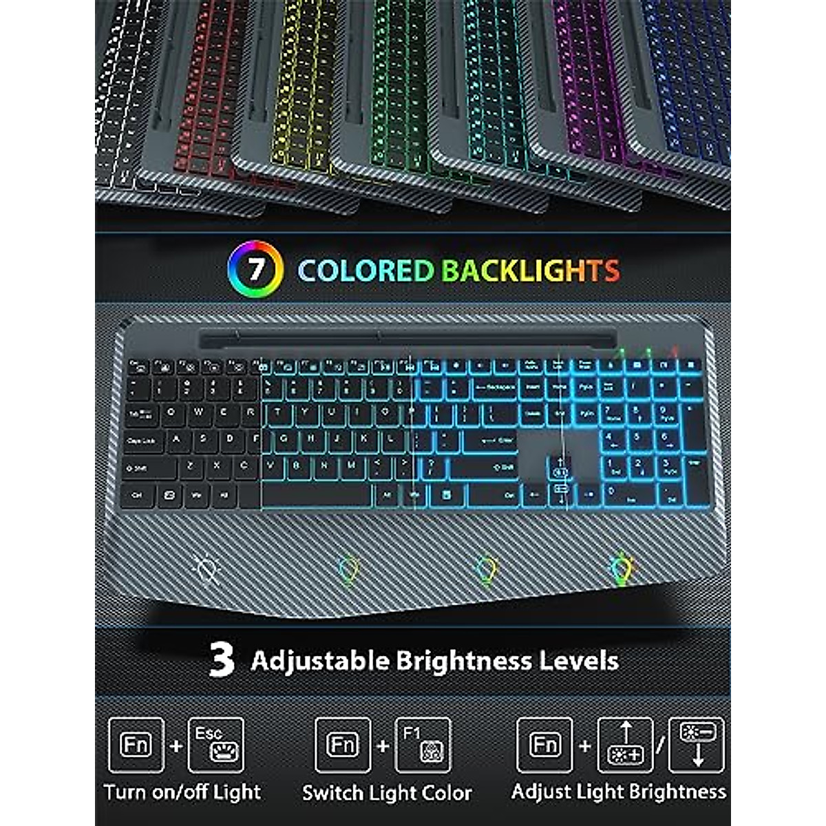 Wireless Keyboard and Mouse Backlit, Wrist Rest, Jiggler Mouse, Phone Holder, Ergo Rechargeable Silent Light Up Combo for Computer, Mac, PC, Laptop, Chromebook - by SABLUTE, Gray
