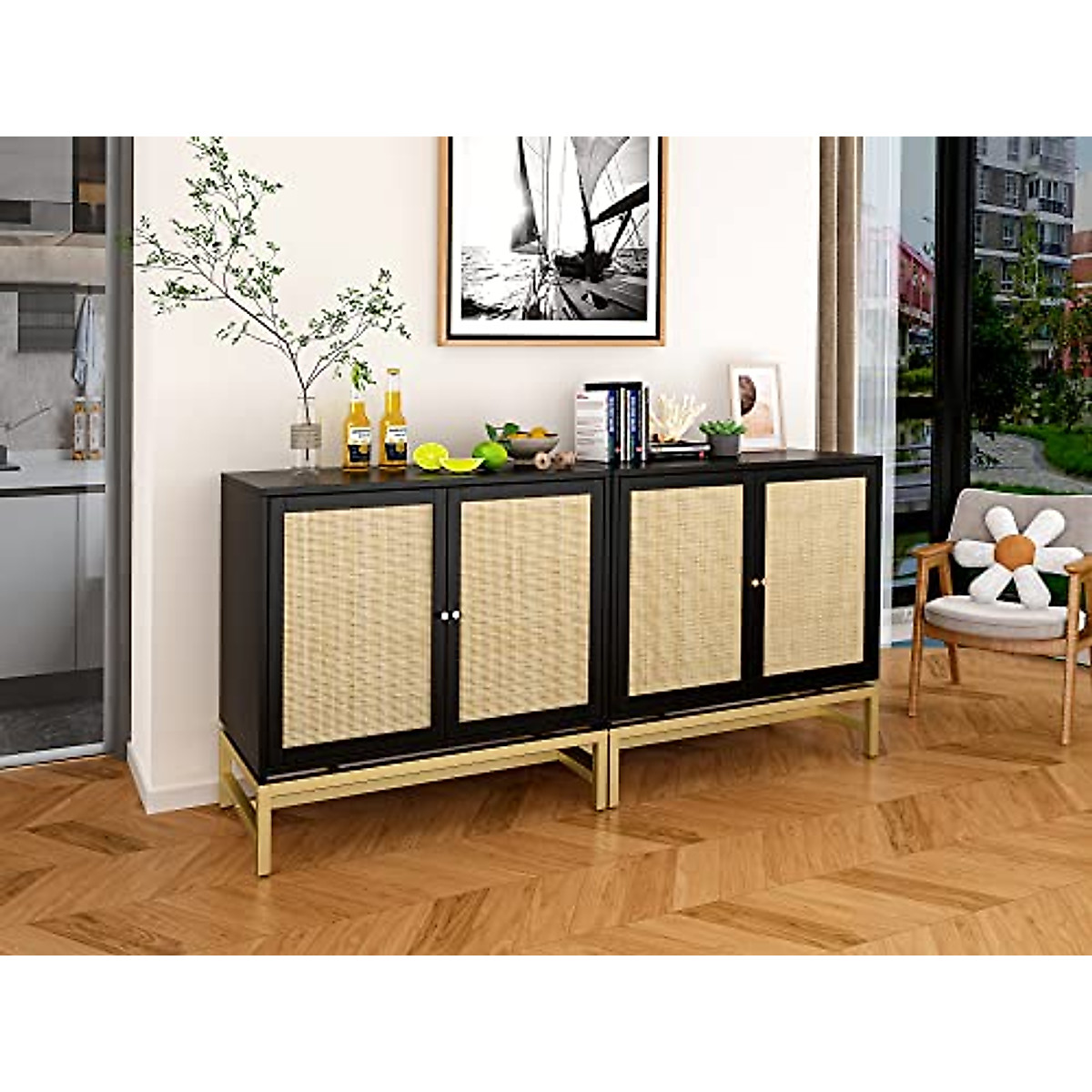 Goujxcy 2Pcs Rattan Sideboard Buffet Cabinet, Kitchen Storage Cabinet with Rattan Decorated Doors, Liquor Cabinet, Dining Room, Hallway, Cupboard Console Table, Accent Cabinet (Black1-2Pcs)