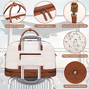 Weekender Bag for Women Canvas Overnight Bag Large Travel Bags for Women Carry on Shoulder Duffle Bag With Shoe Compartment,Perfect for Travel/Daily Use/Birthday Gift (Beige)