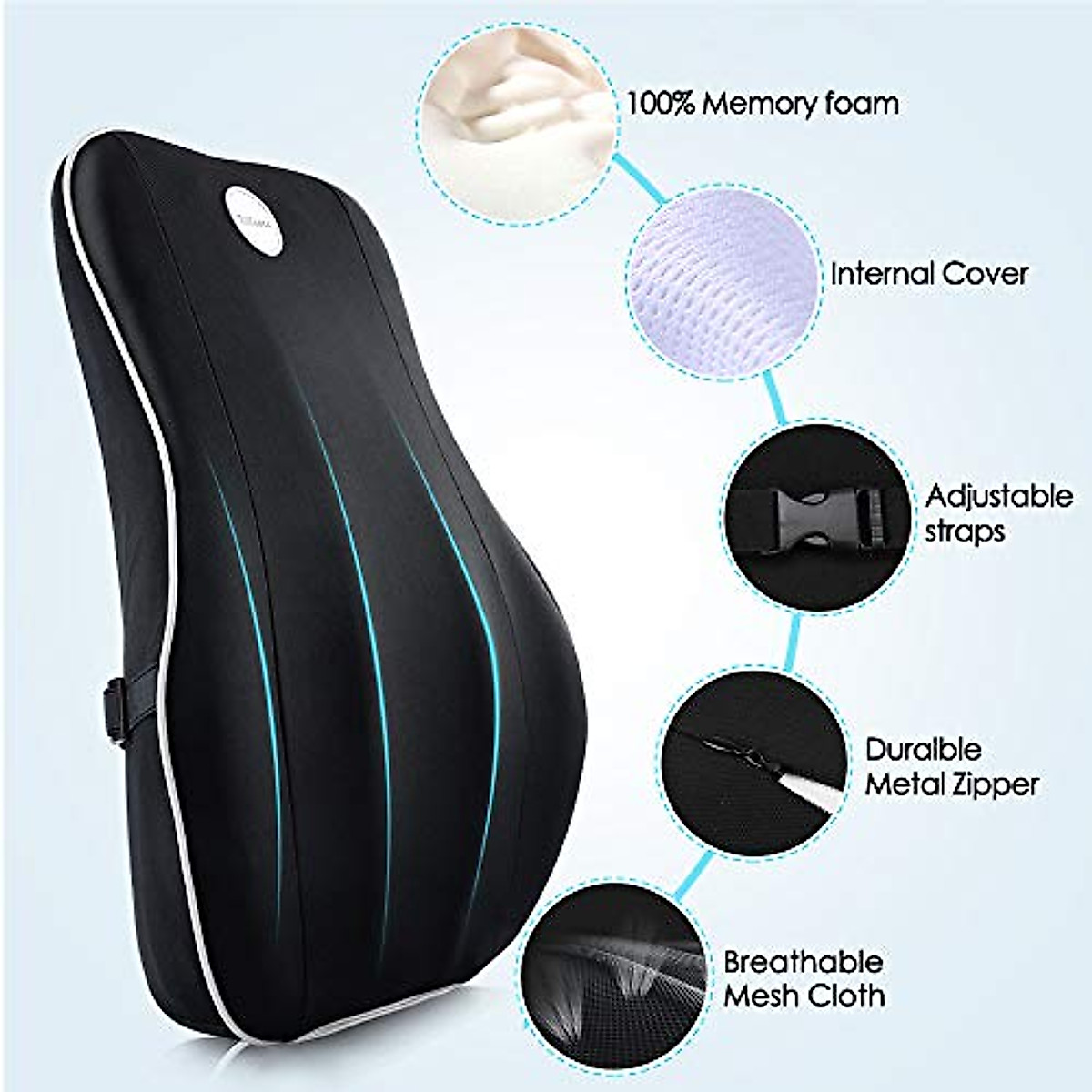 Villsure Lumbar Support Pillow, Memory Foam Back Cushion for Lower Back Pain Relief with Adjustable Elastic Belt, Ergonomic Lumbar Pillow with Breathable Cover for Office Chair/Car Seat/Wheelchair