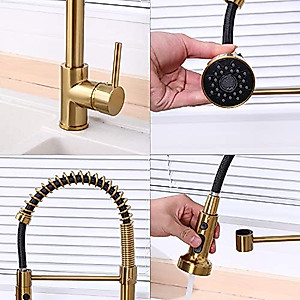Ntipox Brushed Gold Kitchen Faucet with Pull Down Sprayer,Brushed Brass Kitchen Sink Faucet Single Handle Single Lever ，Spring Rv Kitchen Faucet, 3 Function Laundry Faucet