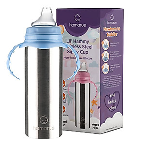 Hamarue 3-in-1 Stainless Steel Sippy Cups for Toddlers | Non-Toxic Insulated Stainless Steel Baby Bottle | Straw Cup With Removeable Handles | Plastic Free Liquid Transfer (8 oz, Bluel)