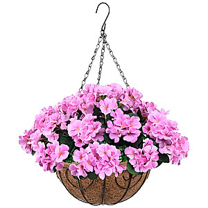 ZFProcess Artificial Flowers Hanging Basket with Begonia Silk Flowers for Outdoor/Indoor, Artificial Geranium Flowers in 12'' Basket for Patio Lawn Garden Summer Decoration(Deep Pink)