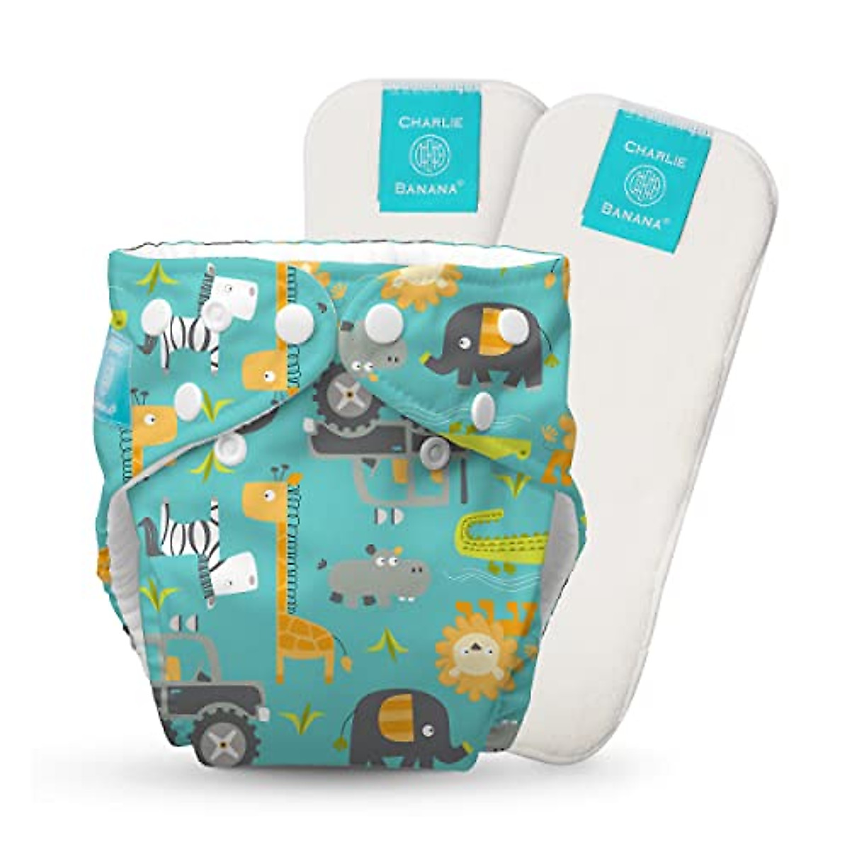 Charlie Banana Baby Fleece Reusable and Washable Cloth Diaper System, 1 Diaper and 2 Inserts, Gone Safari, One Size