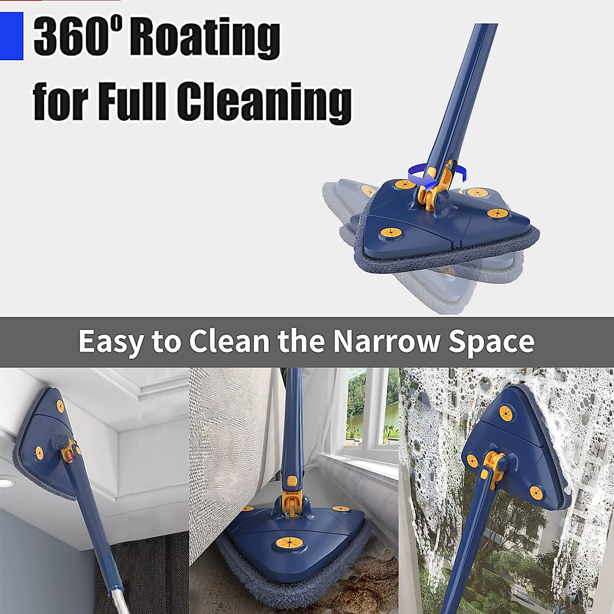 360° Rotatable Adjustable Cleaning Mop, Triangle Microfiber Mop with Long Handle, 6 Replaceable Reusable Washable Mop Pads, mops for Floor/Ceiling/Corner/Glass Cleaning