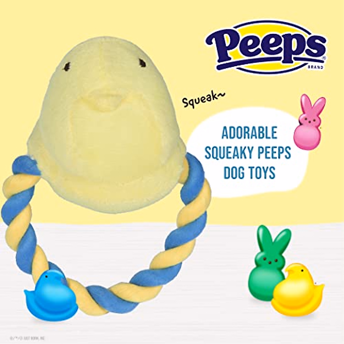 Peeps for Pets Plush Chick Rope Pull Toy for Dogs Squeaker Dog Toy, Yellow/Blue | Soft and Cute, Plush Squeaky Dog Chew Toy with Rope to Add to Dog Toy Bin 6 Inch