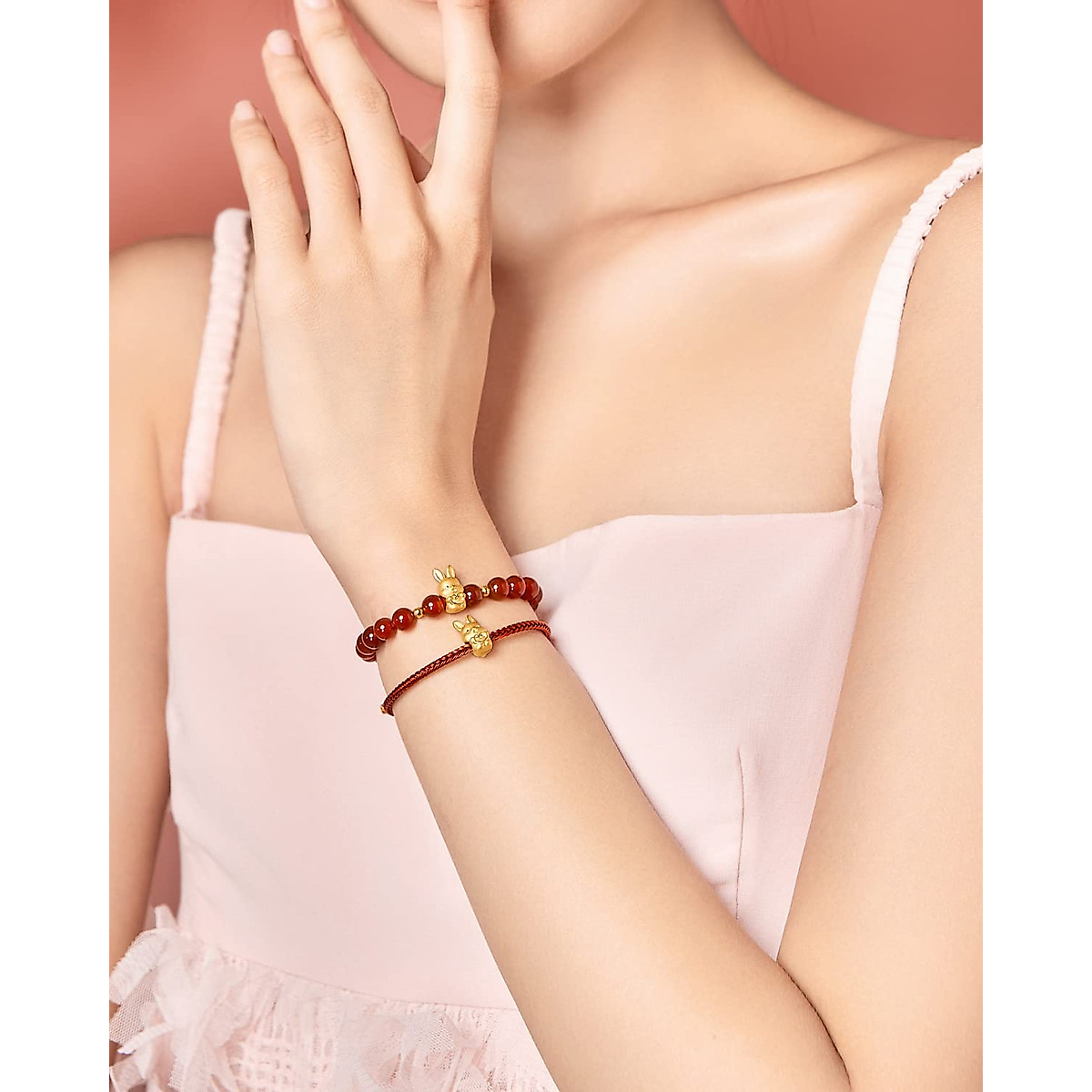ZHOU LIU FU Real Gold Bracelets for Women Bracelet Lucky Rabbit 24K Gold Jewelry Red Bracelet Solid Gold Charm Fortune Rabbit Charm Bracelets Lucky Bunny Gold Bangle Bracelets