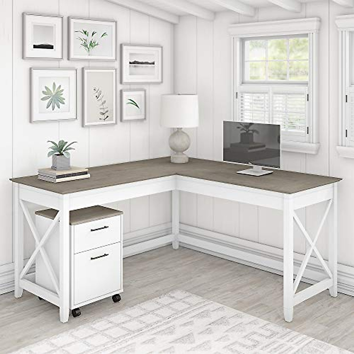 Bush Furniture Key West L Shaped Desk with 2 Drawer Mobile File Cabinet, 60W, Pure White and Shiplap Gray