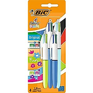 BIC 4 Colours Family Pen Pack - Variety Pack of 4 Pens Total (2 Original Size and 2 Mini Size) - Mix of Original and Fashion Colour Inks