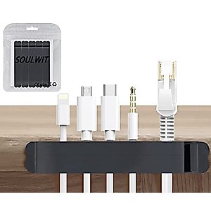 SOULWIT Cable Holder Clips, 5 Pack Self Adhesive Cord Organizer for Home/Office/Desk/Car/Phone/USB Cable Wire Management (for Cables Less Than 5mm) - Black