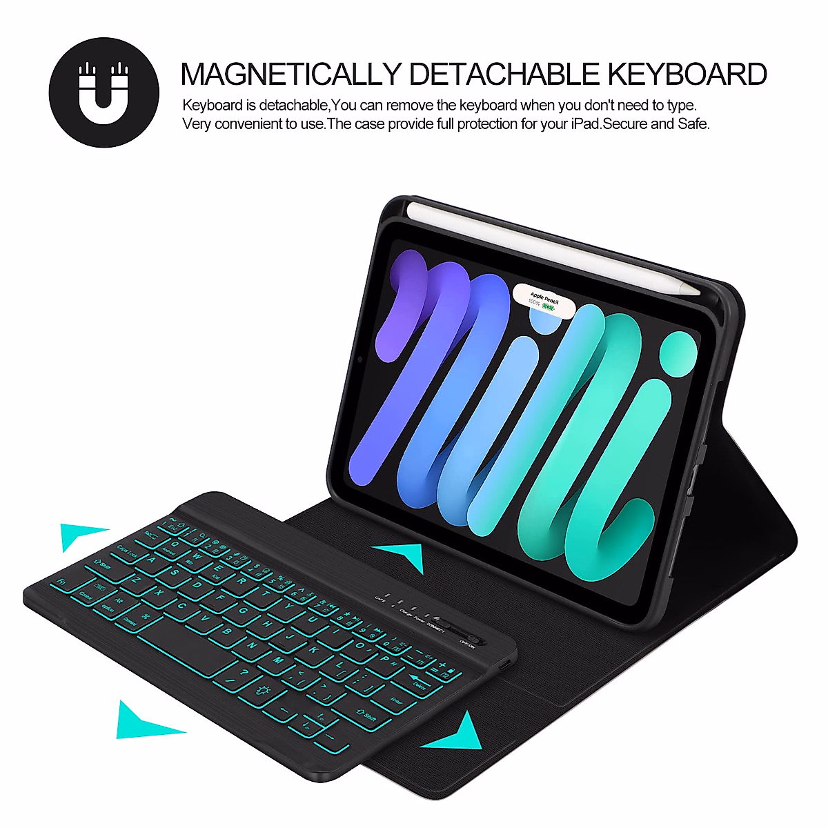 BORIYUAN iPad Mini 7th Gen 2024 (A17 Pro) & iPad Mini 6 Keyboard Case 2021, Detachable Wireless Keyboard, 7 Color Backlit, Slim Folio Cover with Pencil Holder for iPad Mini 7th/6th Gen 8.3 inch Black