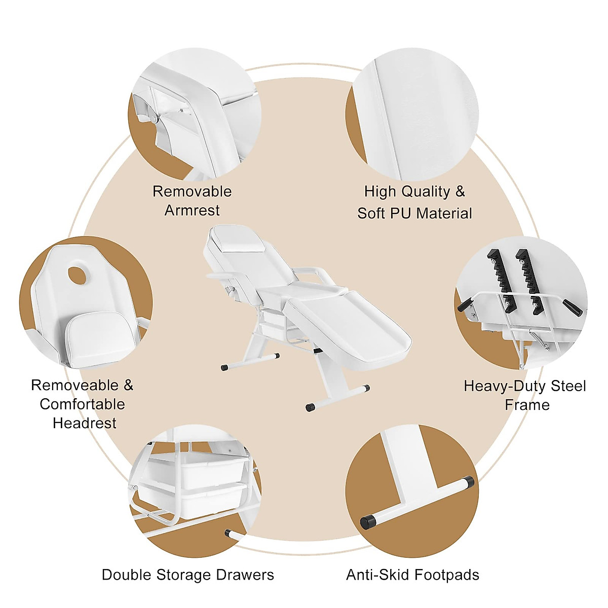 OmySalon Massage Salon Tattoo Chair Esthetician Bed with Beauty Basket, Professional Tattoo Table Salon Spa Equipment for Facial Spa Beauty Eyelash Extensions Barber Waxing Microblading,White