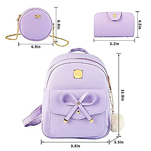 Aogist Mini Leather Backpack Purse 3-Pieces Fashion Bowknot Zipper Bags Cute Casual Travel Daypacks for Girls and Women (Purple)