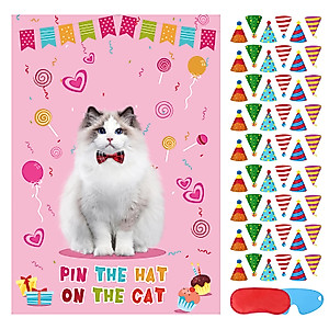 Pin The Hat On The Cat Party Game Cat Birthday Party Games for Kids, Cat Birthday Party Supplies Decorations for Girls Boys, Large Cat Poster with 54 Hat Stickers
