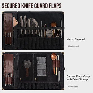 Manjushri Elegant and Light 12 Slots Professional Waxed Canvas & Genuine Leather Chef Knife Roll Bag Case with 4 Zipper Pouch Knife Organiser (Walnut Brown)